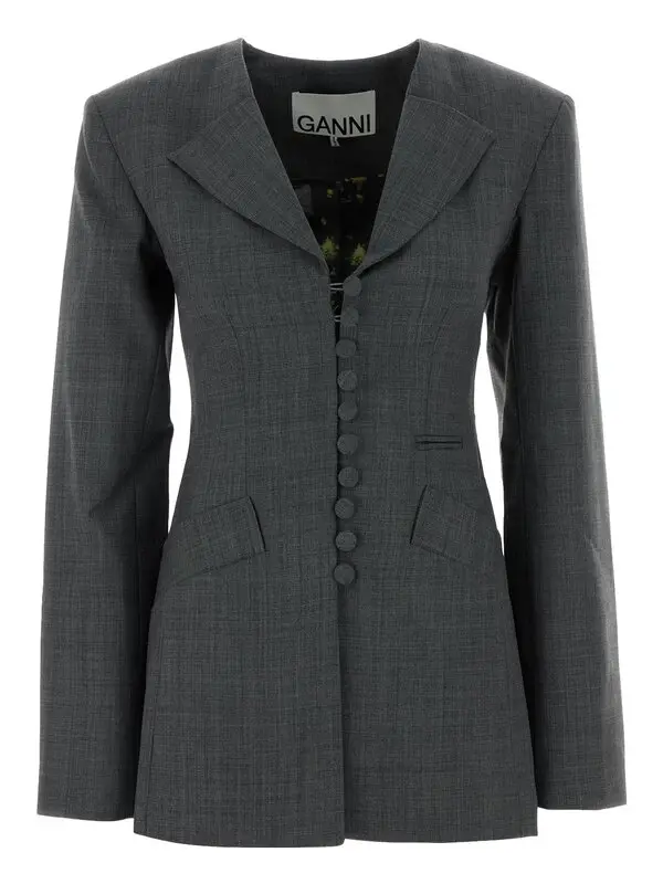 GANNI Wool Blend Twill Blazer - Grey