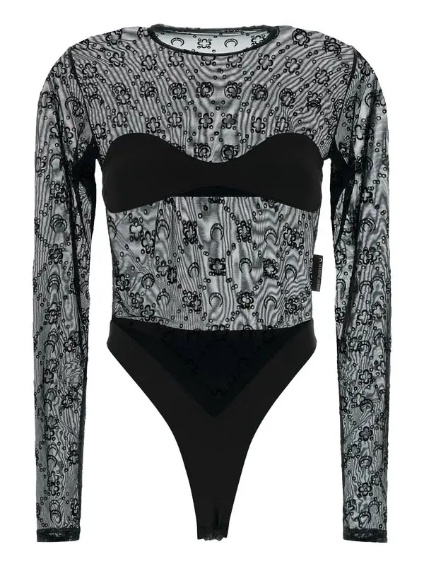 MARINE SERRE Stretch Tulle Bodysuit With Moonogram Print - Black