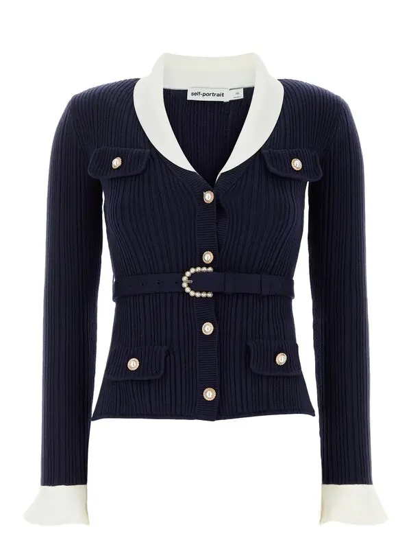 SELF-PORTRAIT Navy Knit Cardigan - Blue
