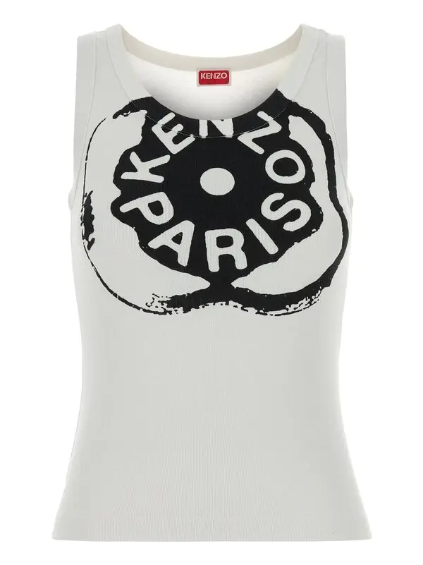 Kenzo Ribbed Stretch Cotton Tank Top With Bone Flower 2.0 Print - White