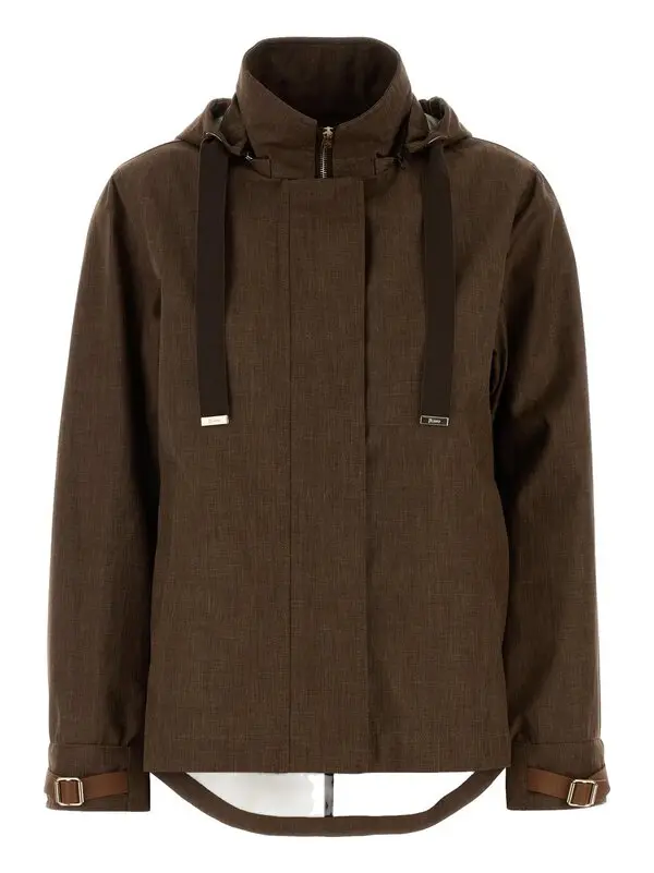 Herno Linen Blend Jacket With Detachable Hood And Metal Logo Plaque - Brown