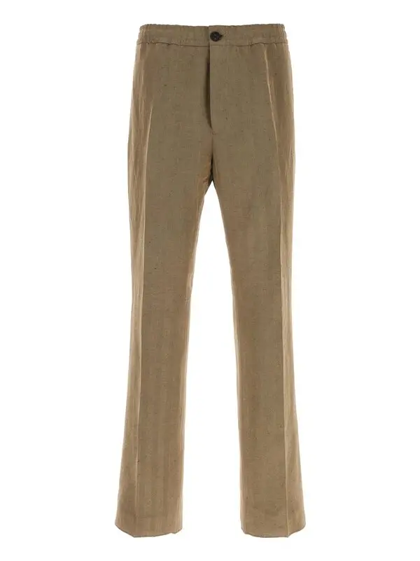 FERRAGAMO Linen Blend Striped Embroidery Trousers - Light Brown