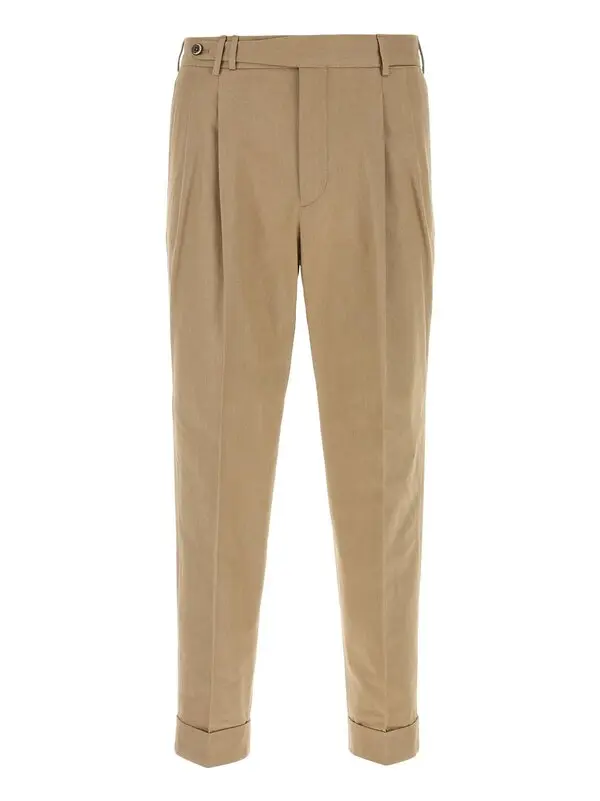 PT TORINO Camel Cotton Tailored Trousers With Metal Logo Detail - Light Brown