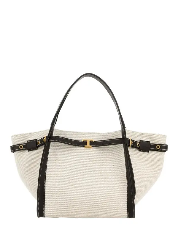 TOD'S Canvas Small Shopping Bag With T Timeless Detail - White