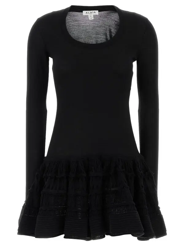 Alaïa Stretch Wool Blend Mini Dress With Flounces - Black
