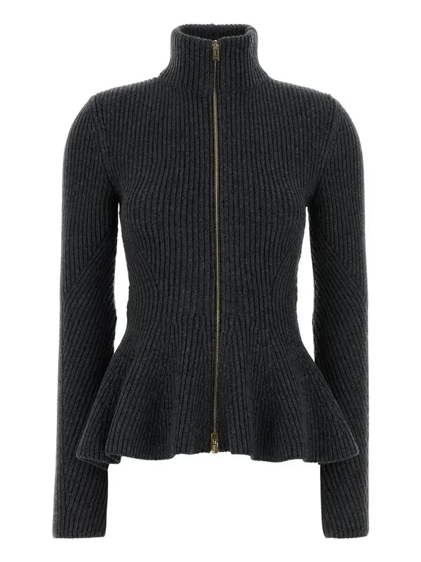 Alaïa Ribbed Virgin Wool And Cashmere Cardigan With Peplum - Grey