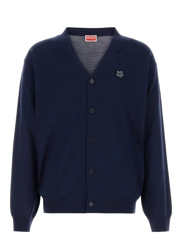 Kenzo Navy Wool Cardigan With Boke Flower Patch - Blue