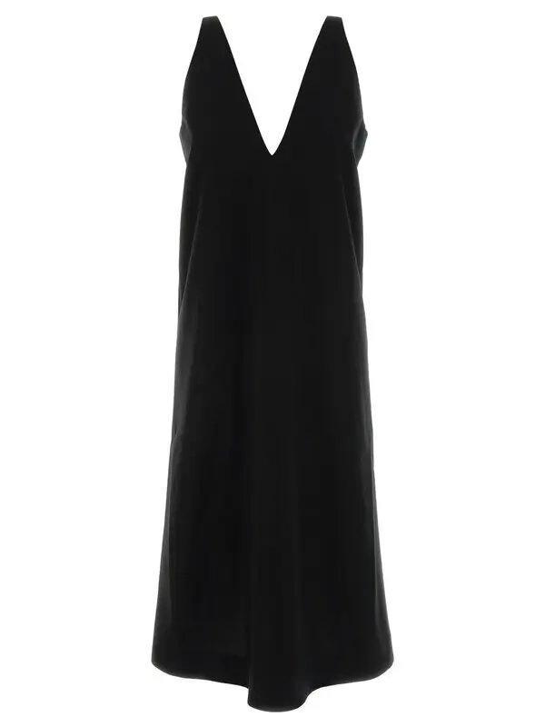 Co Cotton V-neck Midi Dress With Back Slit - Black