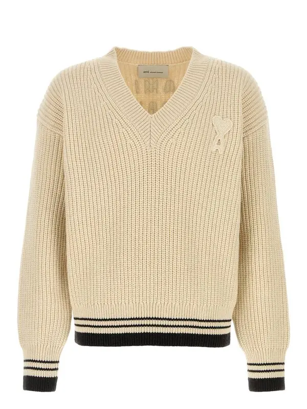 Ami Wool Blend Sweater With De Coeur Embroidery - White