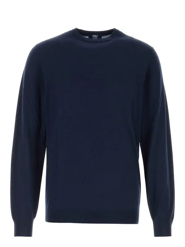 Fedeli Navy Wool Crew Neck Sweater - Blue