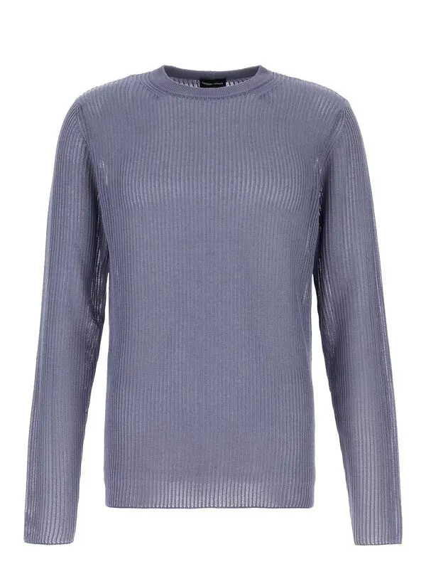Giorgio Armani Silk Blend Ribbed Crew Neck Sweater - Blue