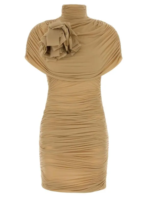 Magda Butrym Beige Jersey Gathered Dress With Floral Applique - Light Brown