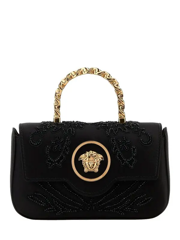 Versace Satin Handbag With Rhinestone Embellishments And Medusa Detail - Black