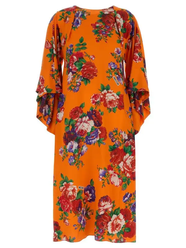 Moschino Printed Floral Jersey Dress With Cape Sleeves - White
