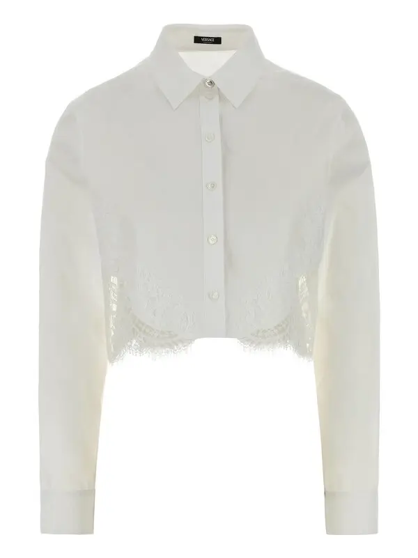 Versace Cropped Cotton Poplin Shirt With Lace Inserts - White