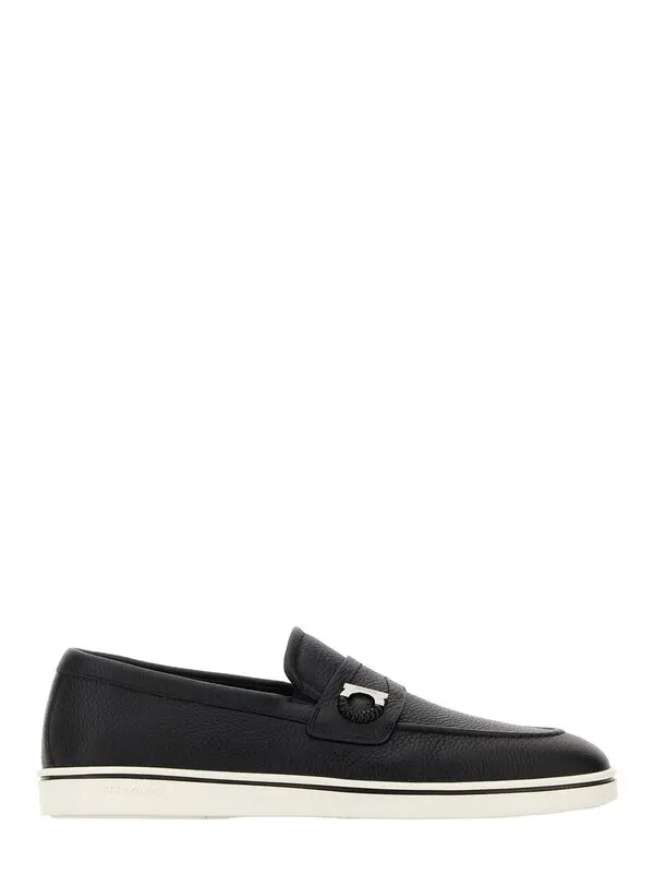 FERRAGAMO Gancini Detail Pebble Calf Leather Loafers - Black