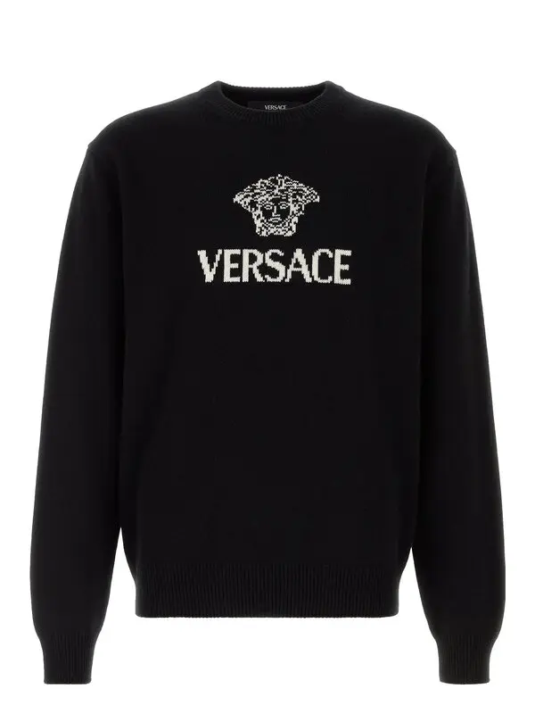 Versace Cashmere Sweater With Embroidered Logo - Black