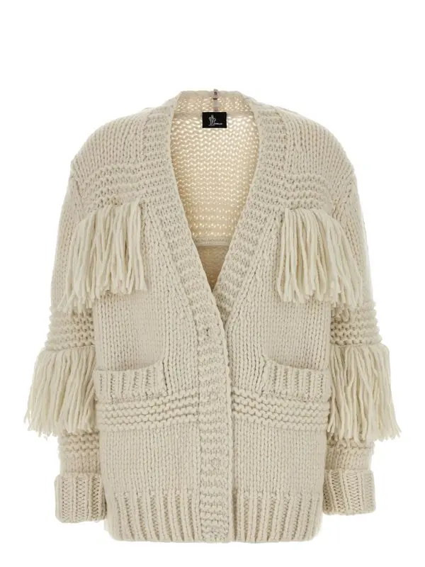 Moncler Ivory Crochet Oversize Cardigan With Fringe Detail - White