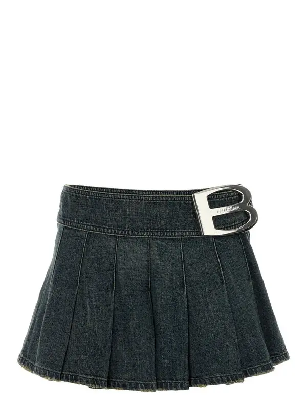 Balenciaga Pleated Denim Mini Skirt With Buckled Belt - Blue