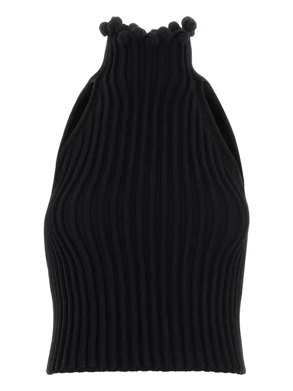 Alaïa Ribbed Viscose Blend Halter Neck Top With Floral Appliques - Black
