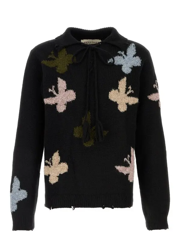 BAZISZT Alpaca Blend Floral Embroidered Sweater - Black