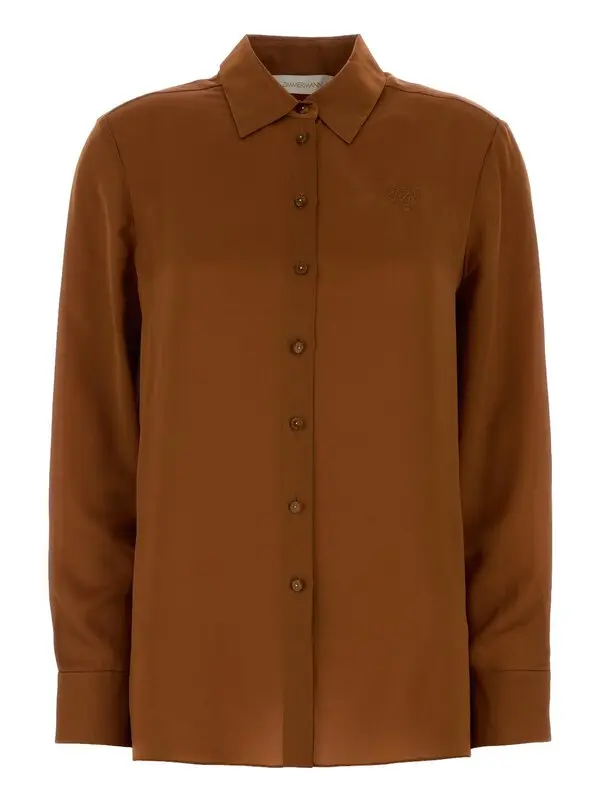 Zimmermann Satin Shirt With Embroidered Logo - Light Brown