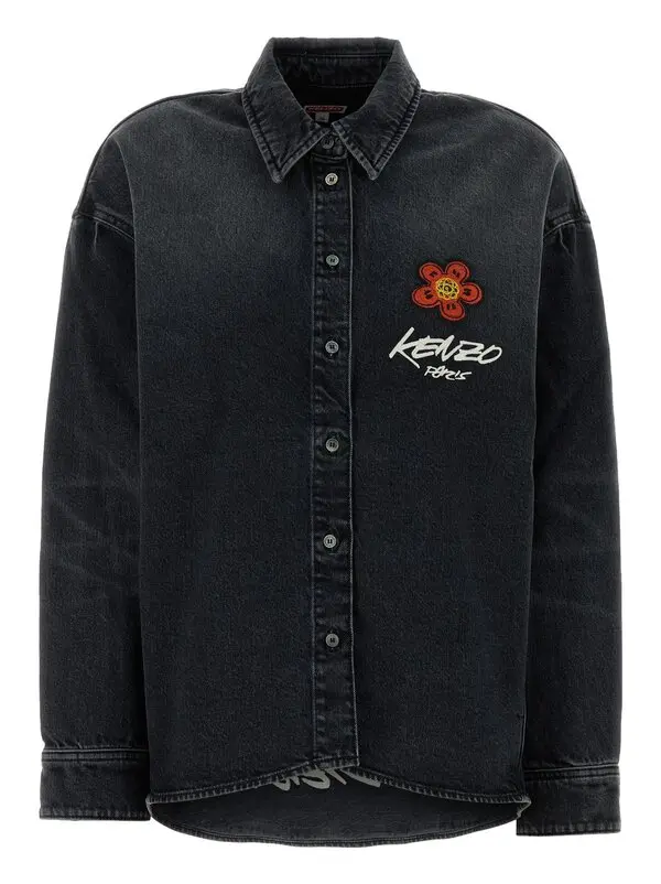 Kenzo Boke Flower Embroidered Stretch Denim Shirt - Black