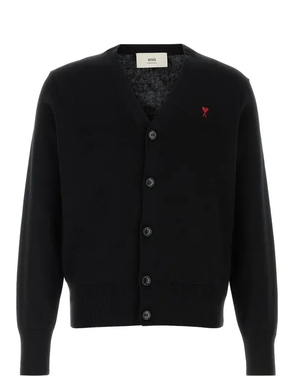 Ami Wool Cardigan With Embroidered De Coeur - Black