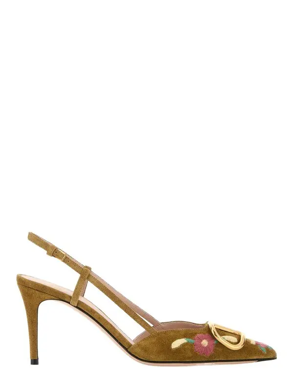 Valentino Garavani Suede Vlogo Signature Slingback Pumps With Floral Embroidery - Light Brown