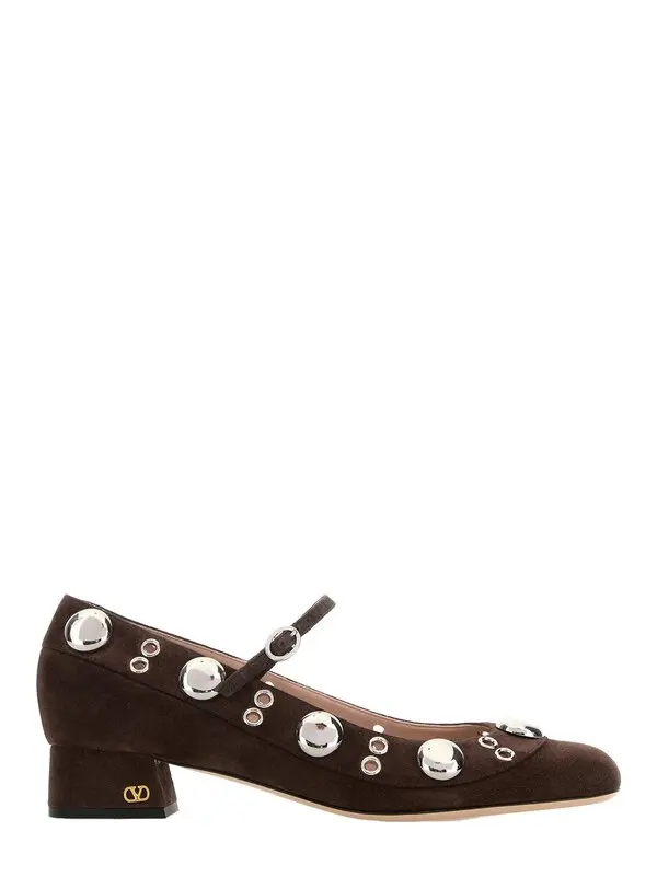 Valentino Garavani Embellished Suede Mary Jane Pumps - Brown