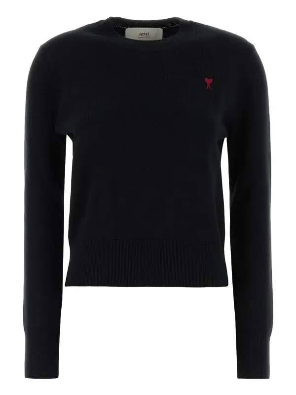 AMI Paris Pure Merino Wool Sweater With De Coeur Embroidery - Black