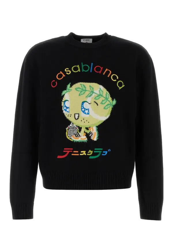 Casablanca Wool Sweater With Intarsia Crew Embroidery - Black