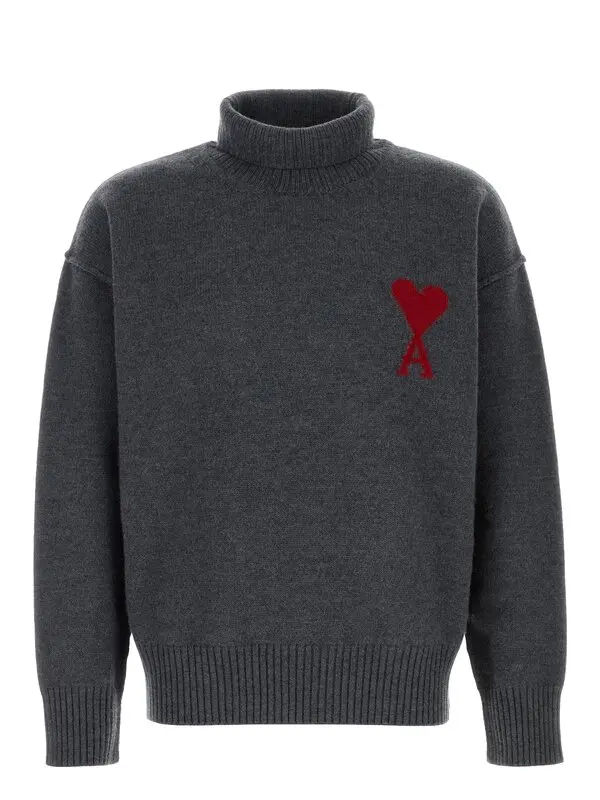 Ami Dark Wool Sweater With Contrasting De Coeur Embroidery - Grey