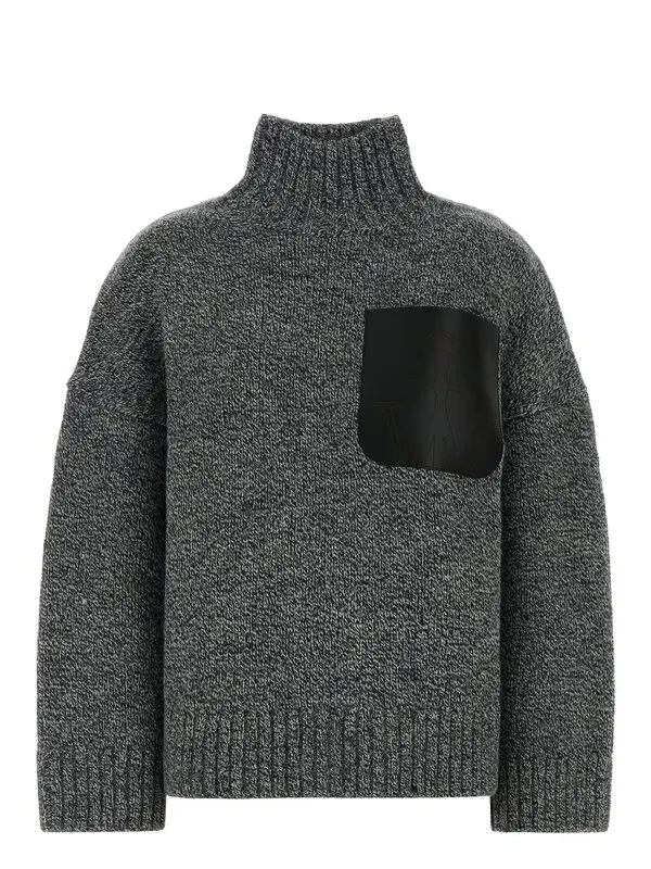 JW Anderson Melange Wool Blend Sweater With Leather Pocket - Grey