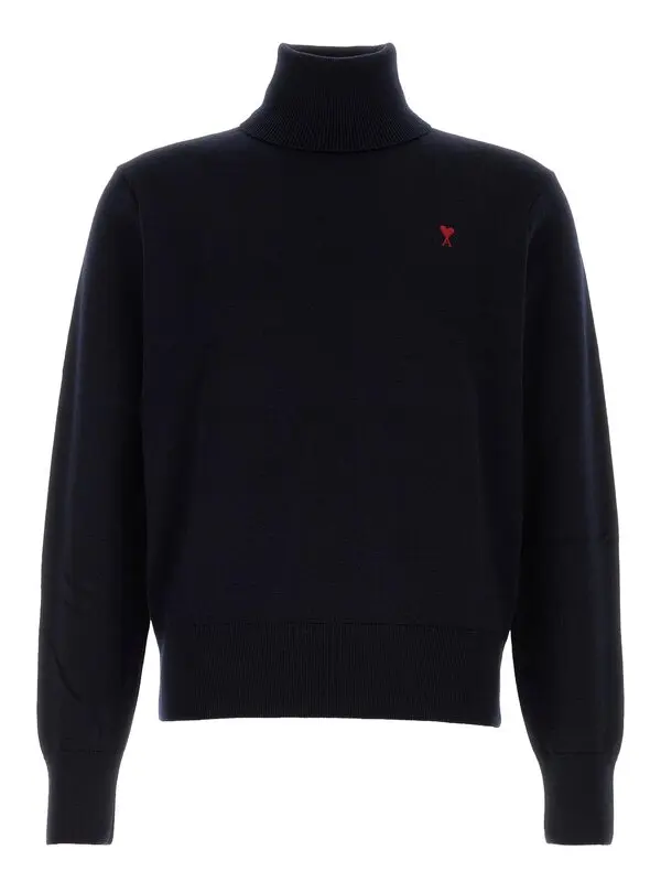 Ami Merino Wool Turtleneck Sweater With De Coeur Embroidery - Blue