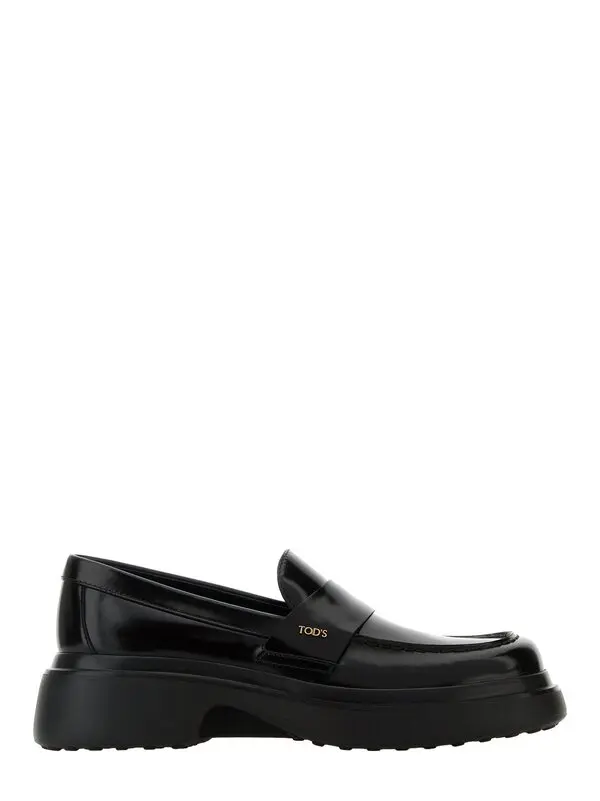 TOD'S Polished Leather Loafers With Metal Lettering Logo - Black