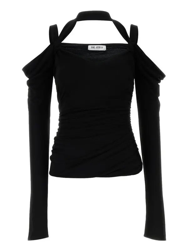 Attico Crepe Draped V-neck Top - Black