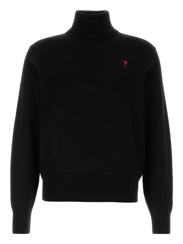 Ami Wool Turtleneck Sweater With De Coeur Embroidery - Black