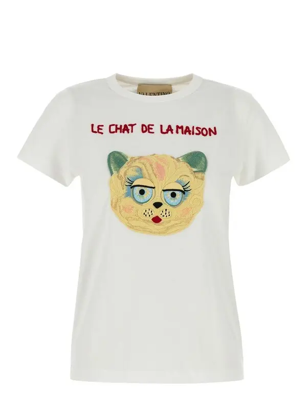 Valentino Garavani Cotton T-shirt With Embroidered Cat Motif - White