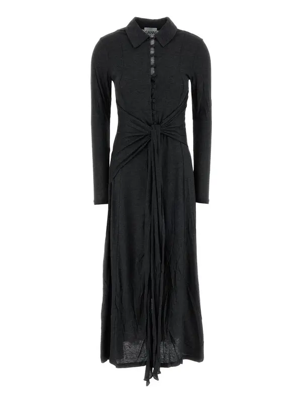 GANNI Jersey Shirt Dress With Waist Tie - Grey