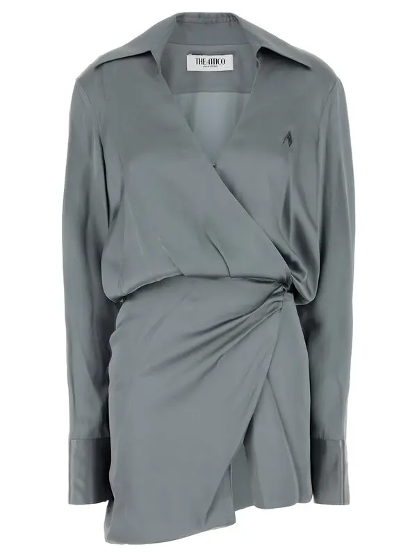 Attico Satin Mini Wrap Dress - Grey