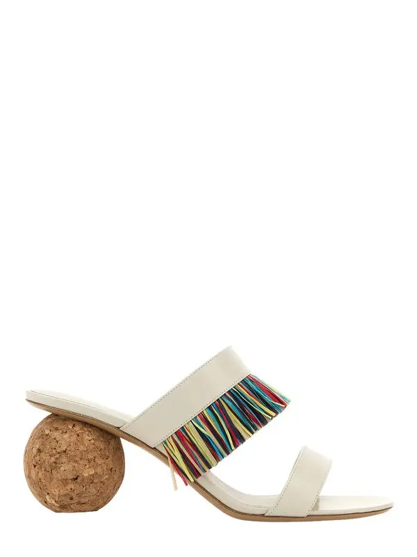 FERRAGAMO Ivory Leather Mules With Fringe Detail - White