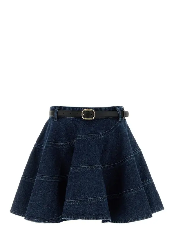 SELF-PORTRAIT Denim Mini Skirt With Detachable Leather Belt - Blue