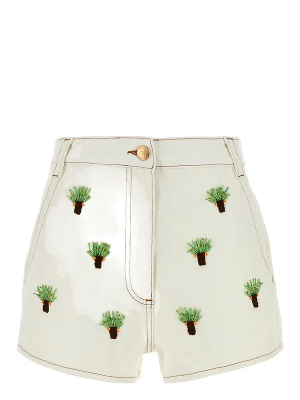 Farm Rio Coconut Tree Embroidered Denim Shorts - White