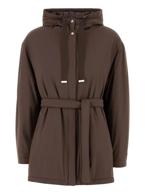 Herno Stretch Nylon Jacket With Drawstring Hood And Belt - Brown