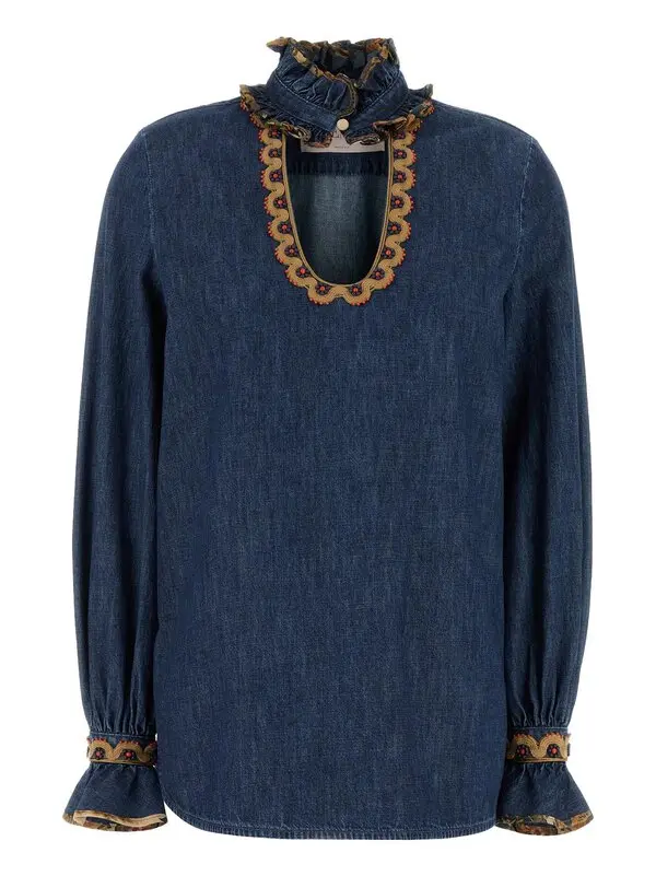 Valentino Garavani Chambray Denim Blouse With Printed Fabric Inserts - Blue