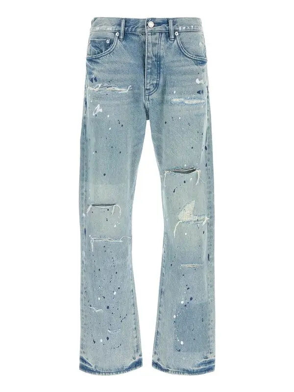 PURPLE BRAND Stonewashed Distressed Denim Jeans With Paint Splatter - Blue