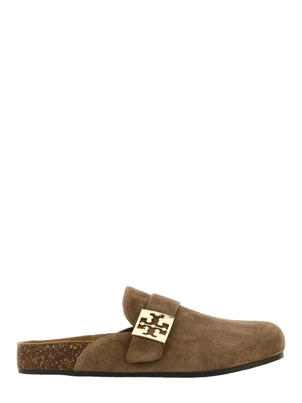 Tory Burch Suede Mellow Slippers With Metal Logo Detail - Light Brown