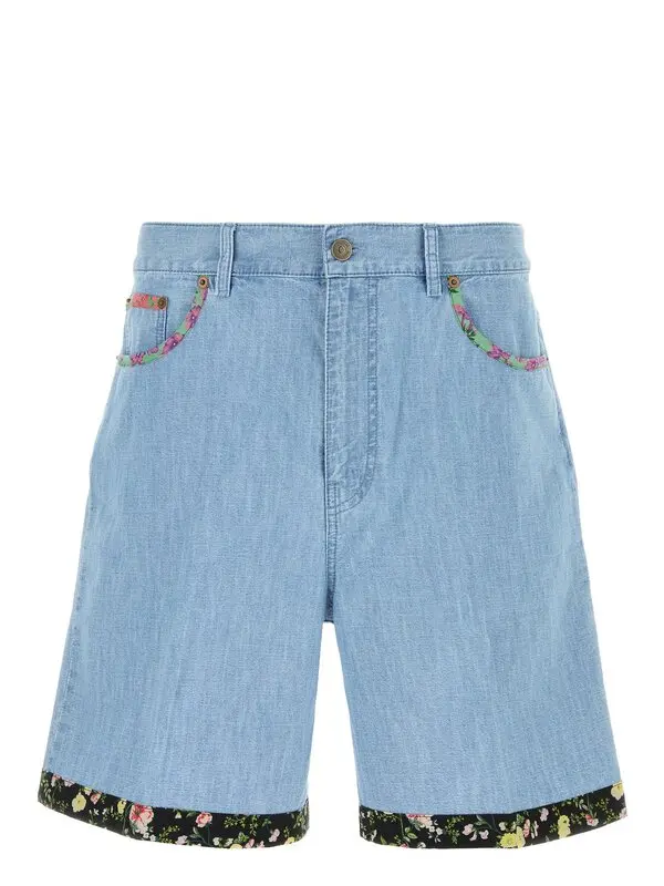 Valentino Garavani Denim Bermuda Shorts With Floral Trim - Blue