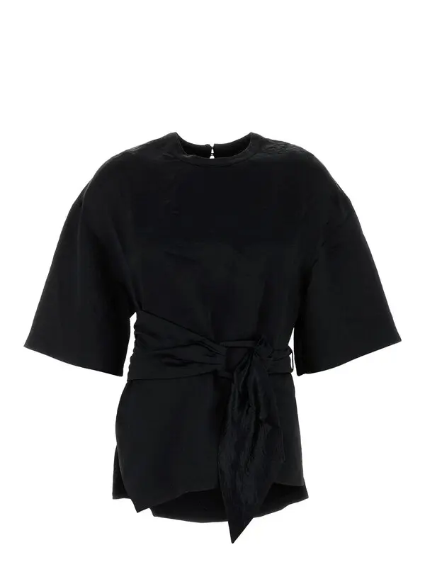 Nanushka Satin Besia T-shirt With Creased Effect And Fabric Belt - Black
